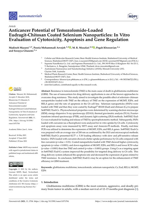 Pdf Anticancer Potential Of Temozolomide Loaded Eudragit Chitosan Coated Selenium