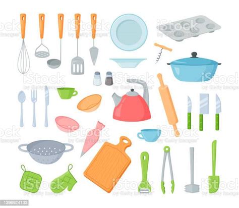주방 용품 만화 요리 도구 및 주방 용품 요리 컵 팬 냄비와 나이프 벡터 세트 주방용구에 대한 스톡 벡터 아트 및 기타 이미지 주방용구 만화 보울 Istock