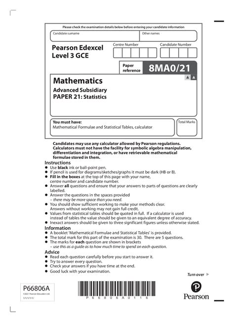 Pearson Edexcel Level 3 Gce Statistics Advanced Paper 3 Statistics In