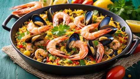 Seafood Paella With Shrimp Mussels Rice And Garnished With Parsley