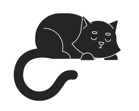 Cute Black Cat Sleeping Flat Monochrome Isolated Vector Object Resting
