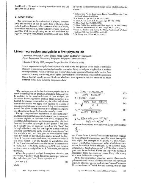 Pdf Linear Regression Analysis In A First Physics Lab