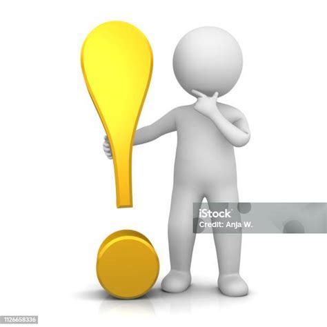 골든 느낌표 생각 요구와 3d 렌더링 스틱 그림 남자 사람이 조언을 기호 기호 지침 경고 아이콘이 흰색 배경에 고립 팁 3차원 형태에 대한 스톡 사진 및 기타 이미지