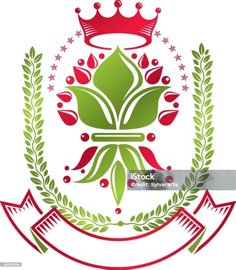 백합 꽃과 로얄 크라운 에코 제품으로 팔의 문장 학 외 투 장식적인 상징 벡터 일러스트 레이 션 백합 문양을 격리 고풍스런에 대한 스톡 벡터 아트 및 기타 이미지 Istock