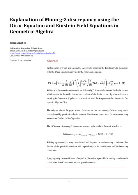 Pdf Explanation Of Muon G 2 Discrepancy Using The Dirac Equation And Einstein Field Equations