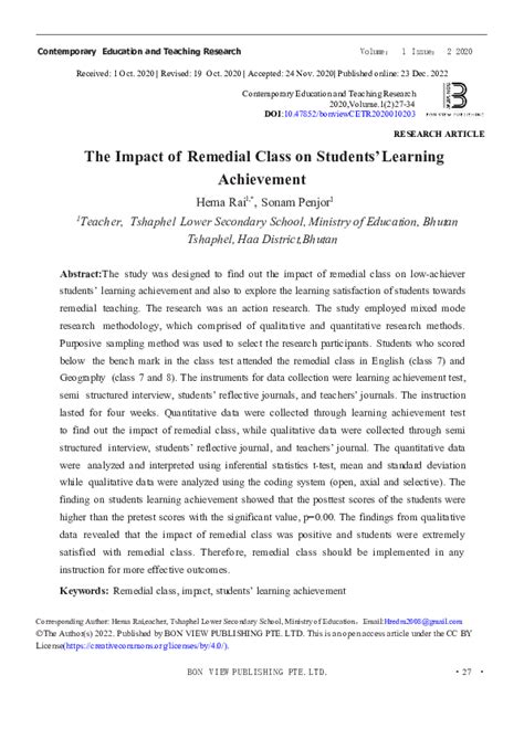 Pdf The Impact Of Remedial Class On Studentslearning Achievement