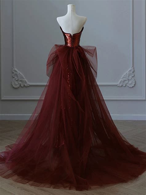 Wine Red Sequins And Tulle Beaded Long Party Dress Wine Red Evening D
