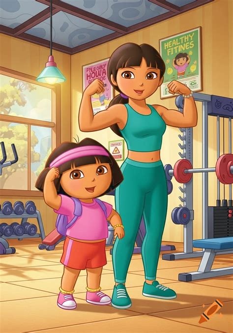 Dora The Explorer And Her Mom Both Flexing Their Muscles Stand In A