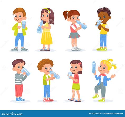 Los Niños Beben Agua Chicos Y Chicas Felices Sostienen Botellas De