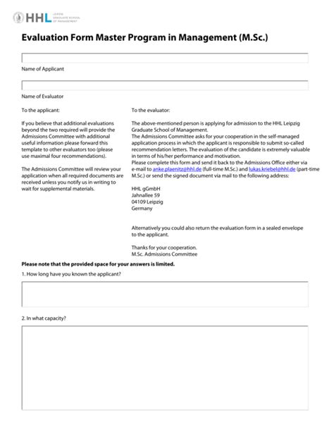 Evaluation Form Master Program In Management M Sc
