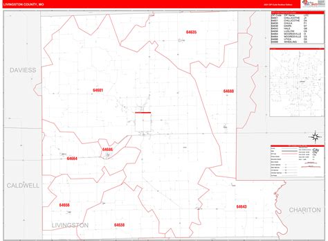 Livingston County Mo Zip Code Wall Map Red Line Style By Marketmaps