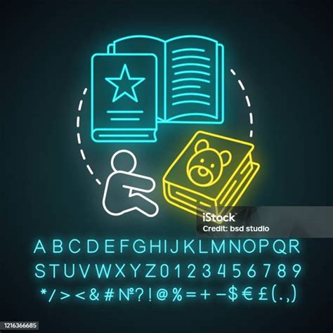 키즈 책 네온 빛 개념 아이콘입니다 어린이 문학 아이디어입니다 동화 그림책 어린이 시 알파벳 숫자 및 기호와 빛나는 기호 벡터 절연 그림 0명에 대한 스톡 벡터 아트 및