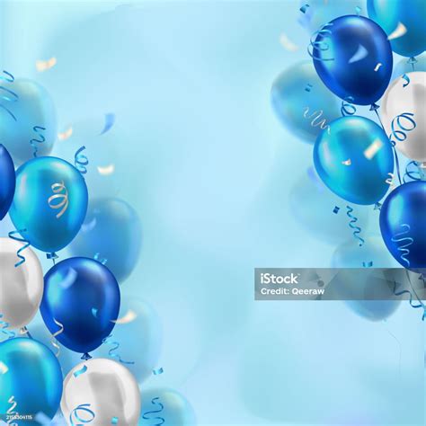 색종이 조각이 있는 3d 파란색 풍선이 있는 배너 템플릿과 초대장 또는 인사말 텍스트를 위한 복사 공간입니다 3차원 형태에 대한