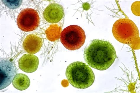 Colorful Algae And Protozoa Under A Microscope Showing Diverse Shapes And Sizes Stock