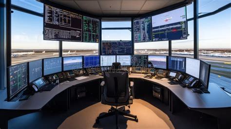 High Tech Control Center At Airport With Flight Information On Multiple Screens Stock Image