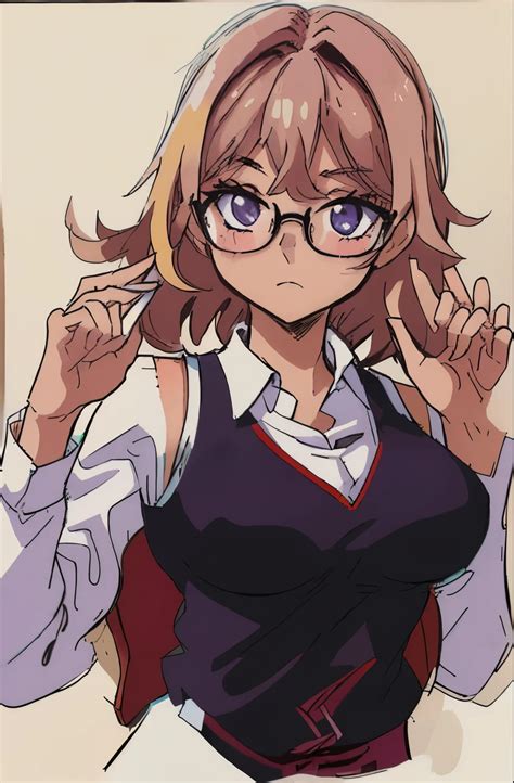 Anime Girl With Glasses And A Vest Holding Her Hand Up Seaart Ai