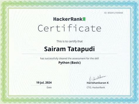 Sairam Tatapudi On Linkedin Hackerrank Python Certificate