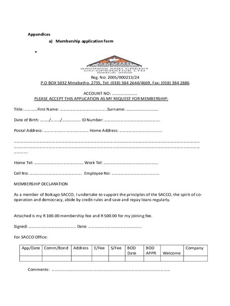 Fillable Online Appendices A Membership Application Form Reg No Fax Email Print Pdffiller