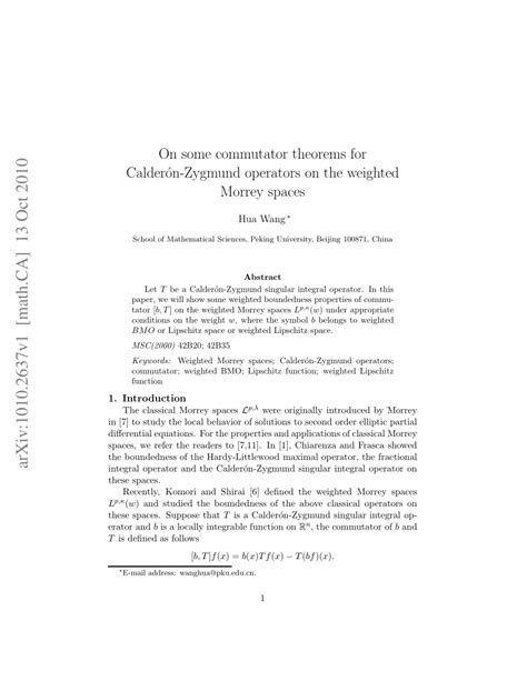 Pdf Some Estimates For Commutators Of Calderon Zygmund Operators On The Weighted Morrey Spaces