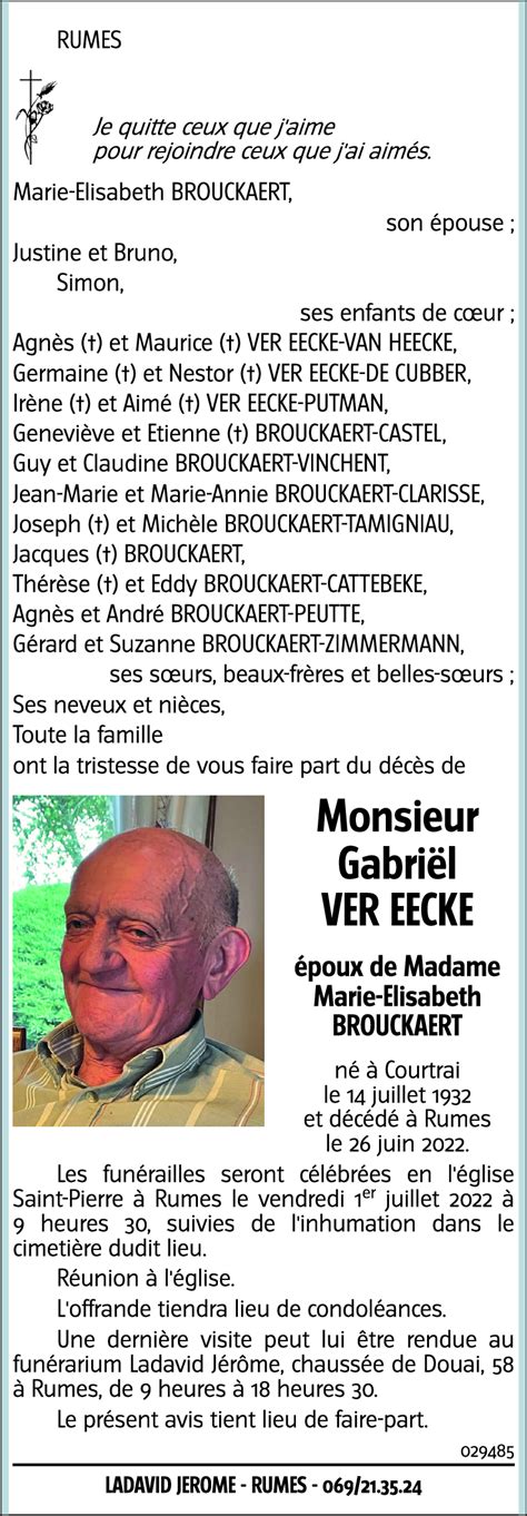 Avis De Décès De Gabriël Ver Eecke Décédé Le 26062022 à Rumes