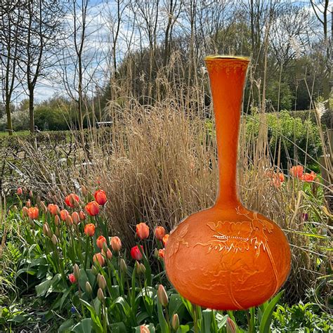 Daum Nancy Longneck Formed Orange Glass And Gilded Vase