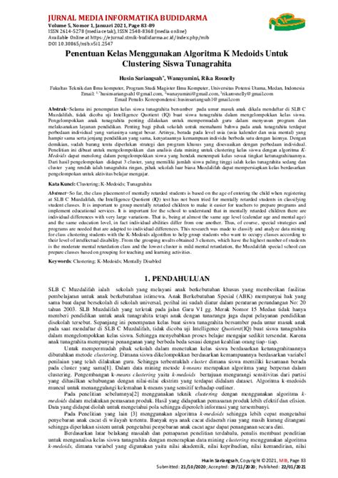 Pdf Penentuan Kelas Menggunakan Algoritma K Medoids Untuk Clustering