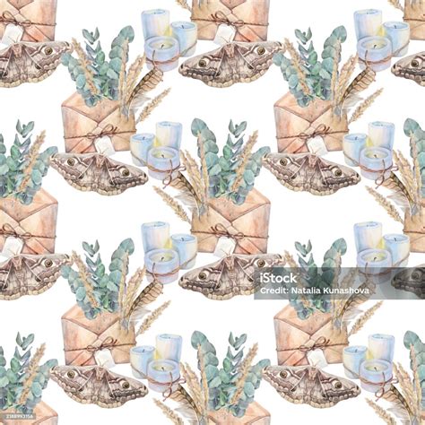 흰색 배경에 분지 유칼립투스와 이삭이 있는 수채화 봉투와 꽃다발이 있는 완벽 한 패턴 포장 또는 벽지를 위한 촛불과 나방이 있는 보헤미안 장식 결혼 축하 초대 0명에 대한