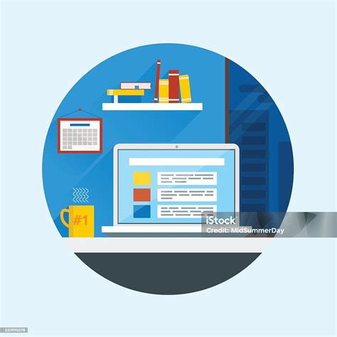 평편 디자인식 센첸 말풍선이 있는 작업 영역 컴퓨터 일정 교재들 가정의 방에 대한 스톡 벡터 아트 및 기타 이미지 가정의 방 기업 재무와 산업 노트북 Istock