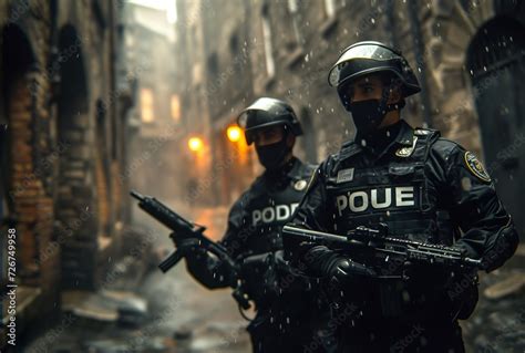 Photo Stock Two Police Officers Clad In Black Uniforms Armed With