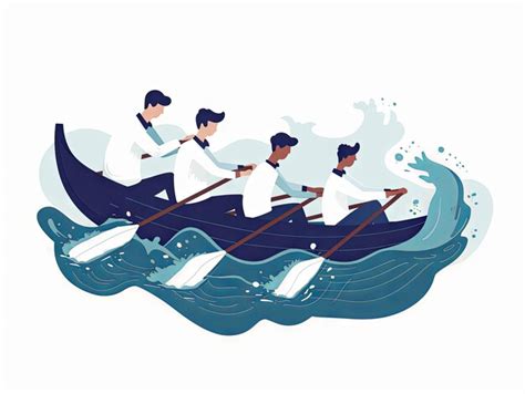 Premium Photo Minimalist Illustration Teamwork A Team Is Rowing A Boat Together To Overcome Waves