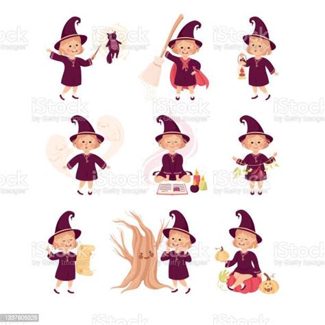 보라색 드레스와 뾰족한 모자를 쓰고 마술을 연습하고 마법 벡터 세트를하고 있는 어린 소녀 마녀 10월에 대한 스톡 벡터 아트 및 기타 이미지 Istock