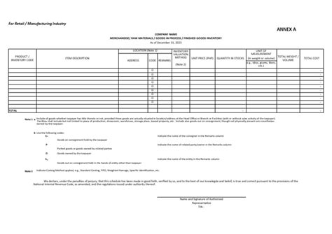 Bir Form Inventory2022 Annex A C Of Rmc No 57 2015 Rmiv1 Pdf