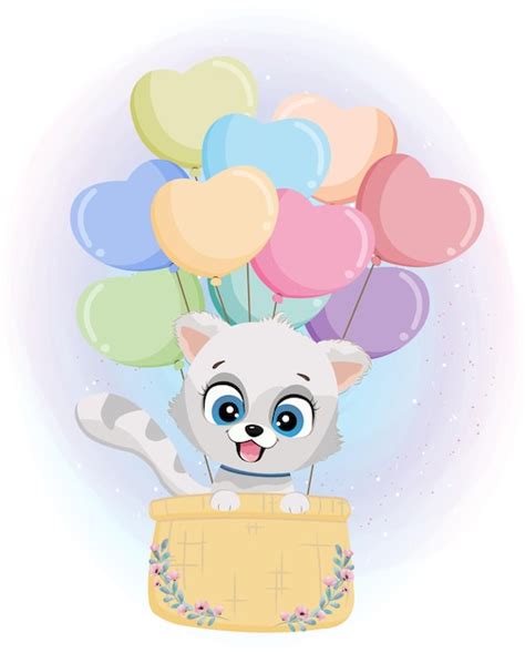 Premium Vector Cute Cat Flying With Air Balloon