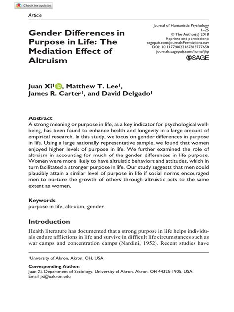 Gender Diff In Purpose In Life Pdf Altruism Validity Statistics