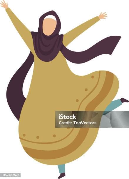 행복 한 아랍 무슬림 여자 에서 전통적인 의류 벡터 일러스트 긍정적인 감정 표현에 대한 스톡 벡터 아트 및 기타 이미지