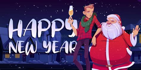 Happy New Year Santa Claus And Man On Street Stock Vector