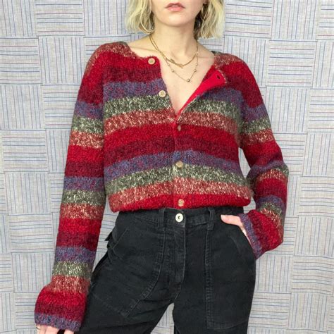 Striped Grunge Cardigan Sweater Y2k Fuzzy Mohair Depop