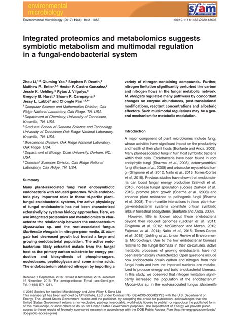 Pdf Integrated Proteomics And Metabolomics Suggests Symbiotic