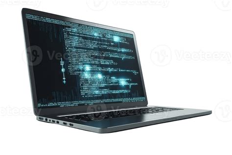 Open Laptop Displaying Digital Code With Glowing Blue Data Points