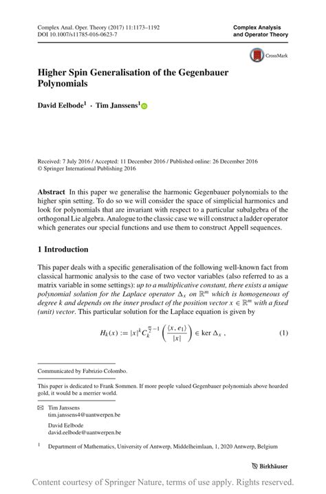 Higher Spin Generalisation Of The Gegenbauer Polynomials Request Pdf
