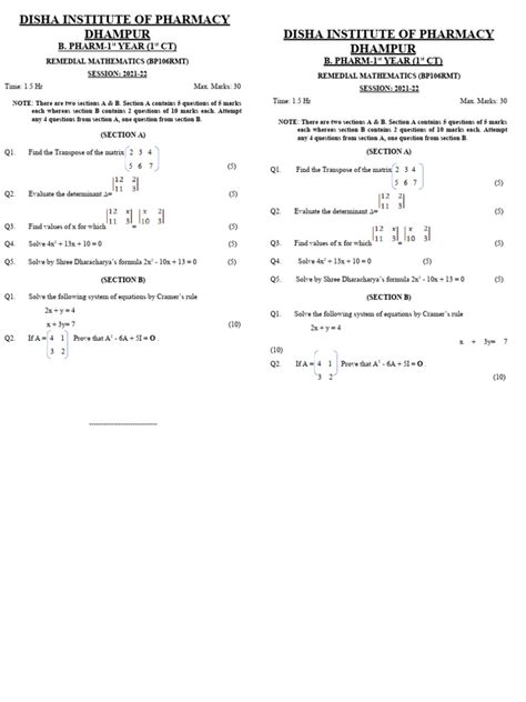 Remedial Mathematics Ct Paper Pdf Determinant Mathematics