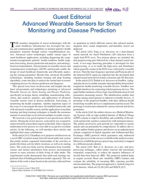 Guest Editorial Advanced Wearable Sensors For Smart Monitoring And Disease Prediction Pdf