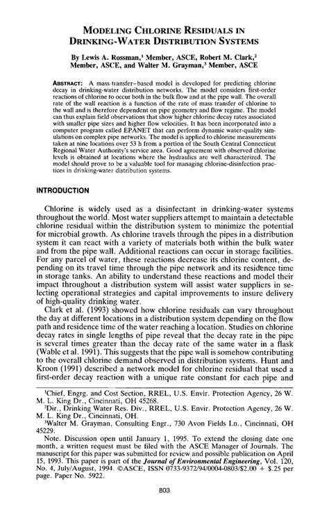 Pdf Modeling Chlorine Residuals In Drinking Water Distribution Systems
