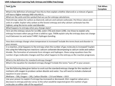 a2 chemistry entropy and gibbs free energy independent work task