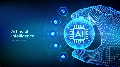 와이어 프레임 손에 육각형 패턴이 있는 구 모양의 Ai 인공 지능 기계 학습 개념 빅 데이터 혁신 기술 신경망 벡터 일러스트