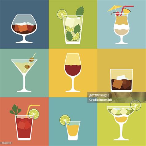 Alcohol Drinks And Cocktails Icon Set In Flat Design Style High Res