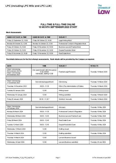 LPC Exam Timetables FT FTO Sept V LPC Including LPC MSc And LPC LLM Mock Assessments
