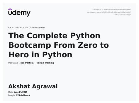 My Course Completion Certificate For The Complete Python Bootcamp From