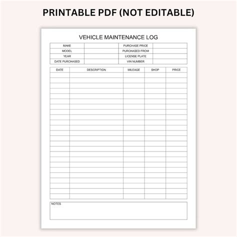 Editable Vehicle Maintenance Log Printable Vehicle Repairs Log Car