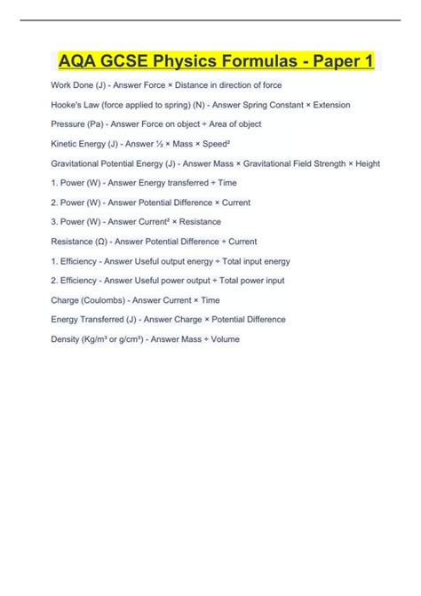 AQA GCSE Physics Formulas Paper AQA Stuvia US